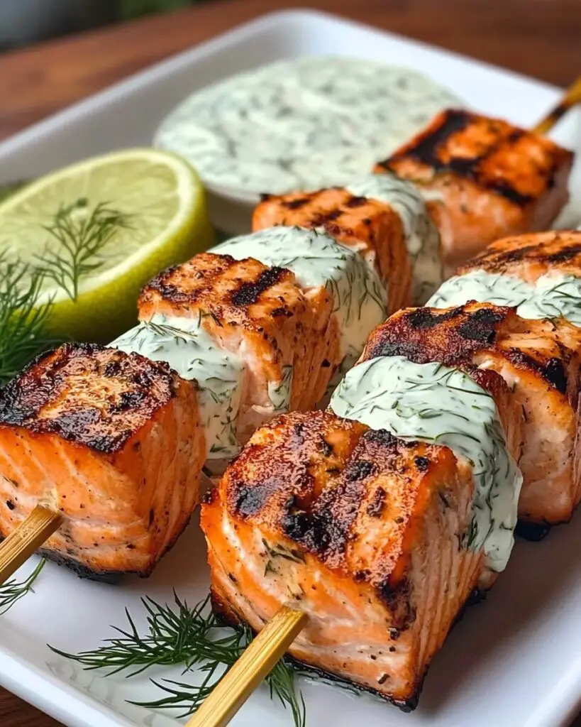 Grilled Salmon Skewers with Creamy Dill Yogurt Sauce